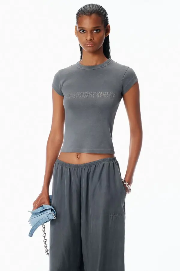 Alexander Wang Crystal Logo Cotton Baby Tee - Grey