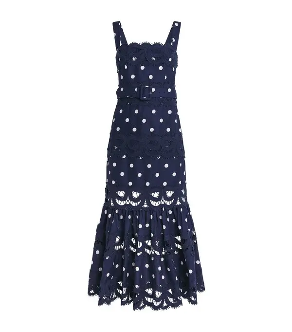 SELF-PORTRAIT Linen-cotton Polka Dot Midi Dress - Navy