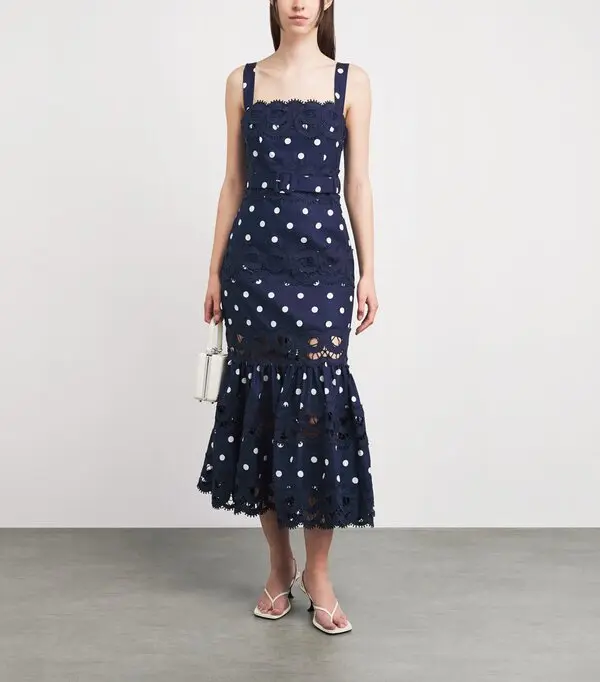 SELF-PORTRAIT Linen-cotton Polka Dot Midi Dress - Navy
