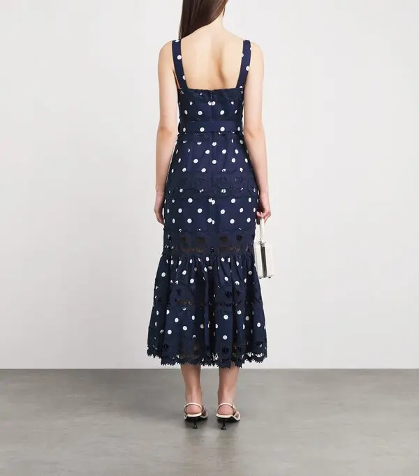 SELF-PORTRAIT Linen-cotton Polka Dot Midi Dress - Navy