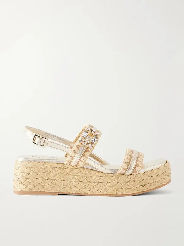 ROGER VIVIER Summer Embellished Metallic Leather-trimmed Raffia Platform Sandals - Gold
