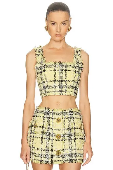 Balmain Glitter Tweed Tartan Cropped Top
