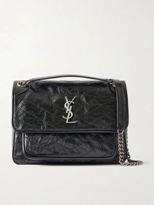 Saint Laurent Niki Medium Crinkled Glossed-leather Shoulder Bag - Black