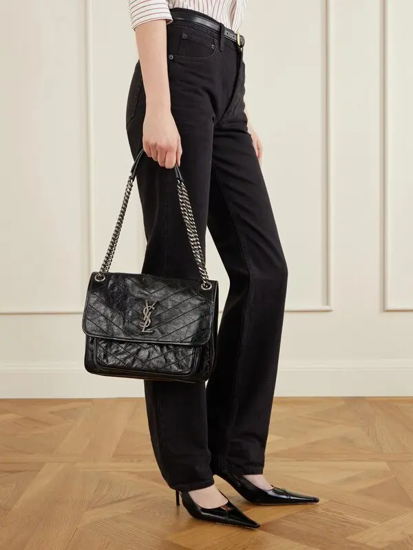 Saint Laurent Niki Medium Crinkled Glossed-leather Shoulder Bag - Black