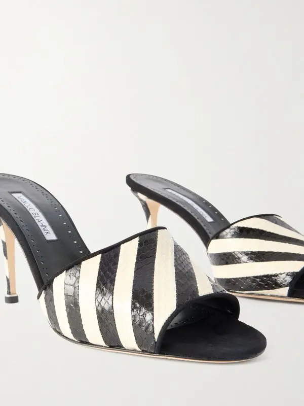 Manolo Blahnik Larache 90 Striped Elaphe Mules - Black
