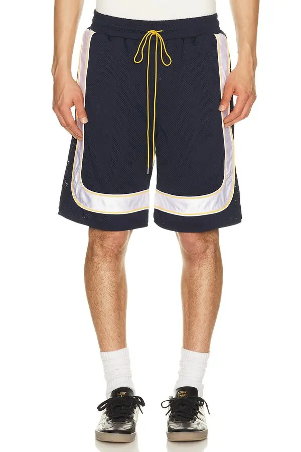 Rhude Mesh Piping Baggy Track Shorts - Navy, Yellow, & White