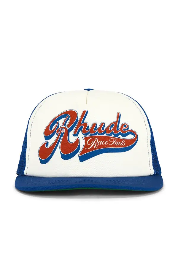 Rhude Pit Stop Trucker Hat - White, Blue, & Red