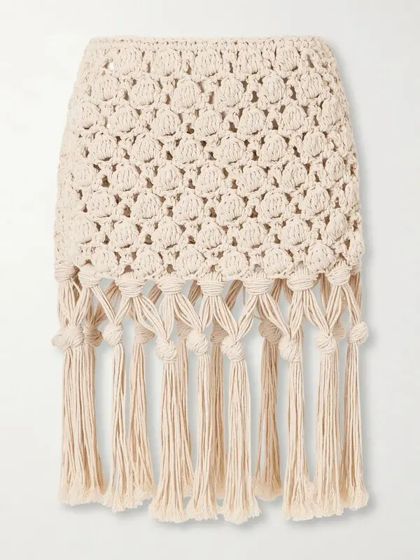 Balmain Fringed Crochet-knit Cotton Mini Skirt - Neutrals