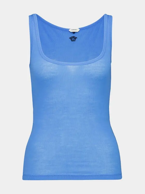 Versace Embroidered Ribbed Wool Tank Top - Blue