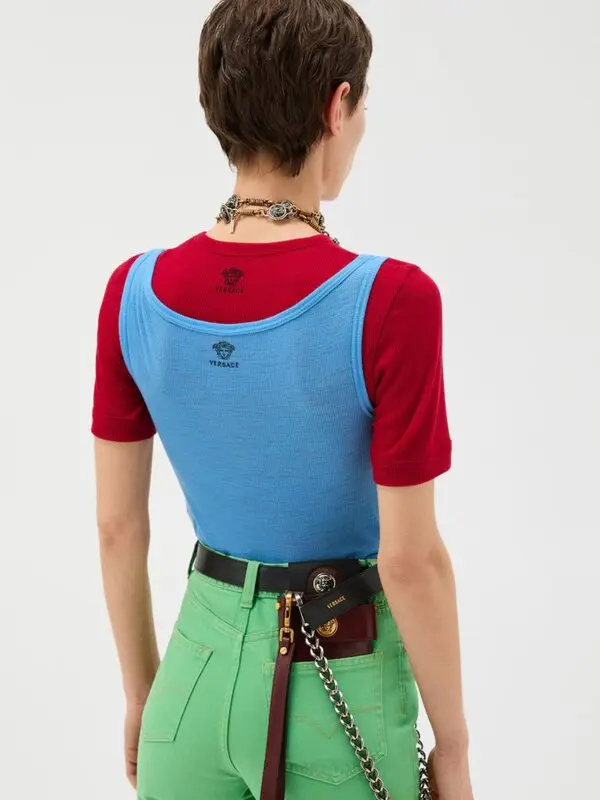 Versace Embroidered Ribbed Wool Tank Top - Blue
