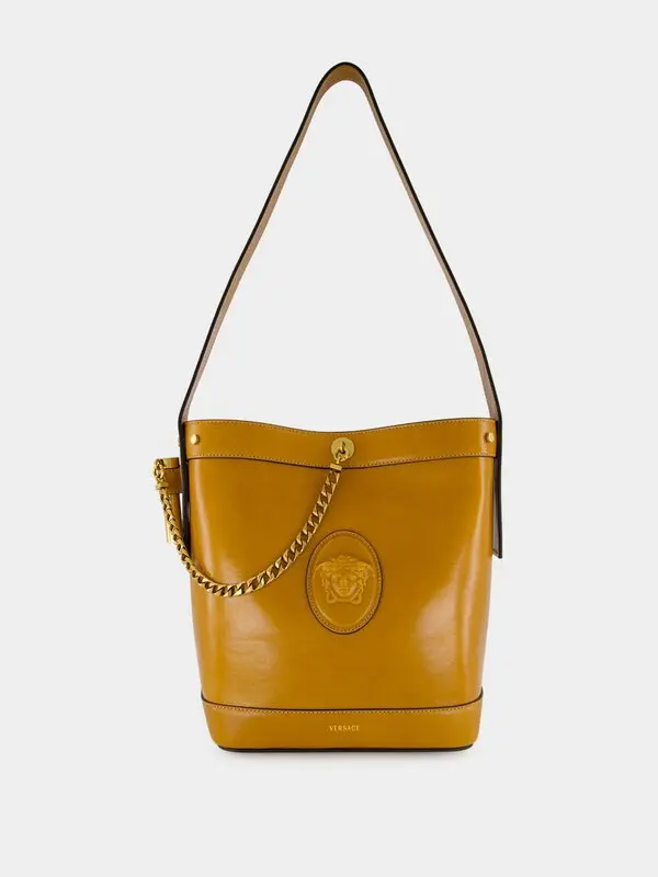 Versace Pivot Small Leather Bucket Bag - Brown