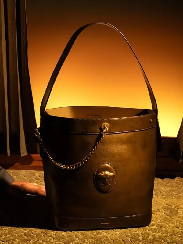 Versace Pivot Small Leather Bucket Bag - Brown
