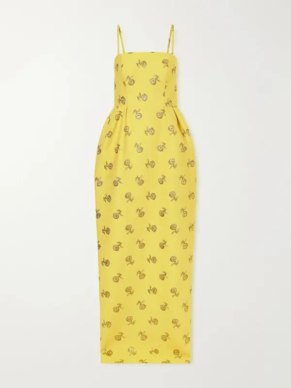 Carolina Herrera Pleated Floral-jacquard Lurex-trimmed Crepe Gown