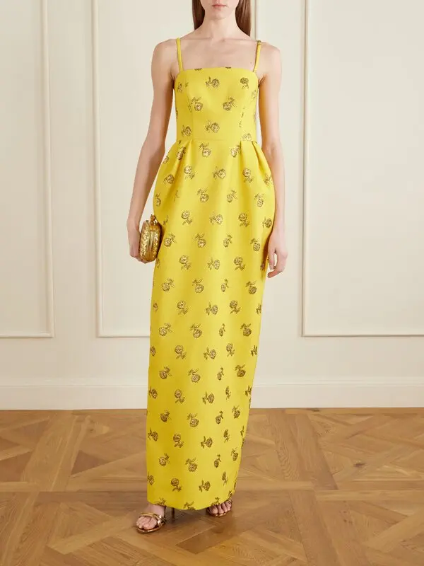 Carolina Herrera Pleated Floral-jacquard Lurex-trimmed Crepe Gown