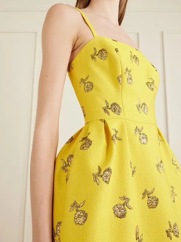 Carolina Herrera Pleated Floral-jacquard Lurex-trimmed Crepe Gown