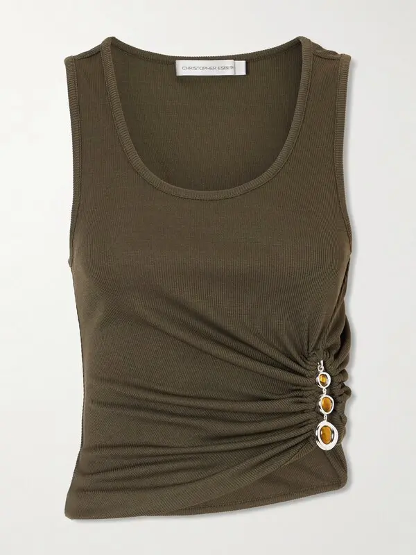 Christopher Esber Droplet Embellished Ribbed-jersey Tank - Green