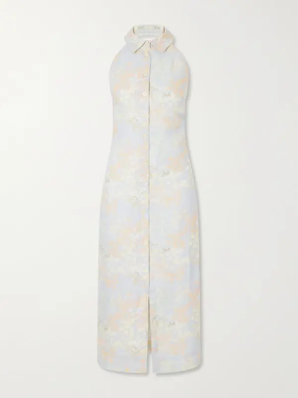 Bernadette Floral-print Linen Halterneck Midi Dress - Blue