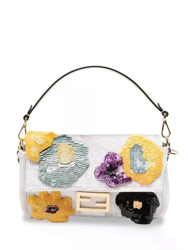 Fendi Baguette Sunny Side Flowers Sequin-embellished Shoulder Bag - White