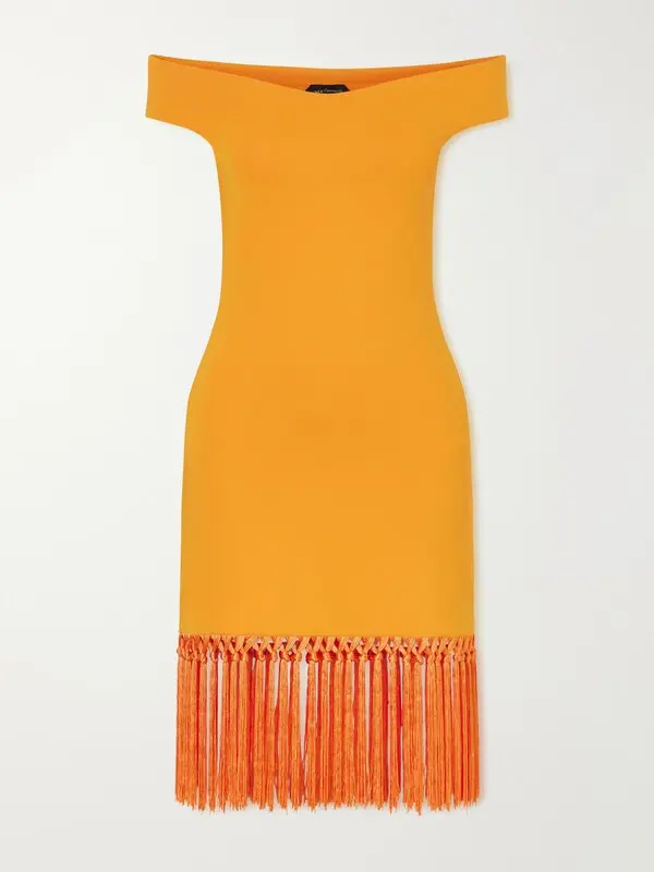 TALLER MARMO Off-the-shoulder Fringed Jersey Mini Dress - Orange