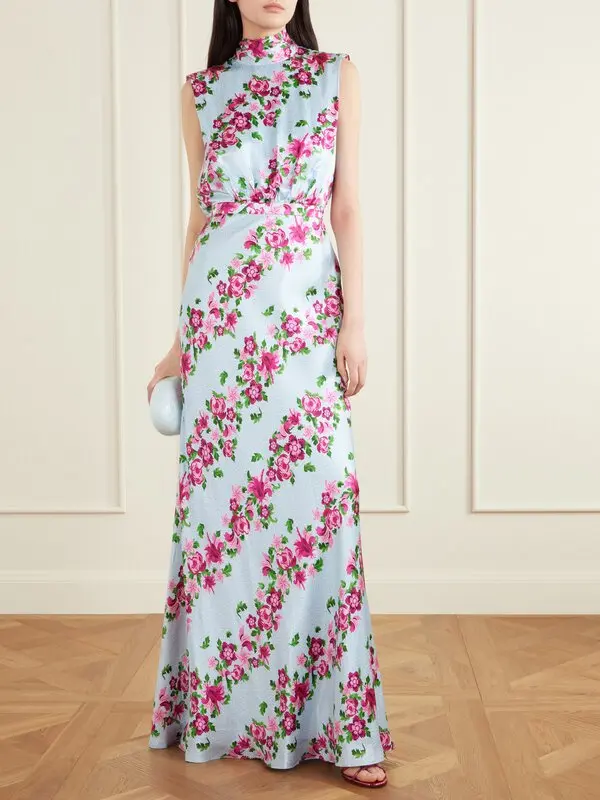 Saloni Fleur Printed Satin Halterneck Gown
