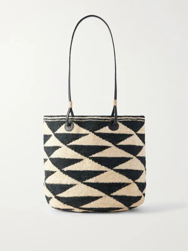 SENSI STUDIO Shiga Medium Leather-trimmed Sisal Shoulder Bag - Black