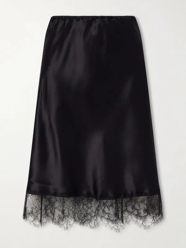 Carine Gilson Lace-trimmed Silk-satin Midi Skirt - Black