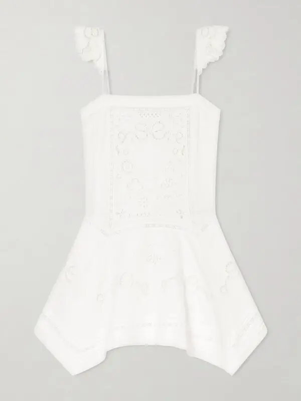 SELF-PORTRAIT Asymmetric Embroidered Linen And Cotton-blend Midi Dress - White