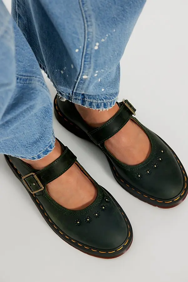 Dr. Martens Floral Mary Janes - Dark Green