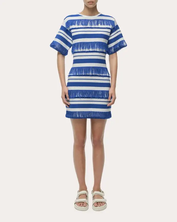 Simkhai Torrance Stripe Knit Fringe Mini T-shirt Dress - Blue