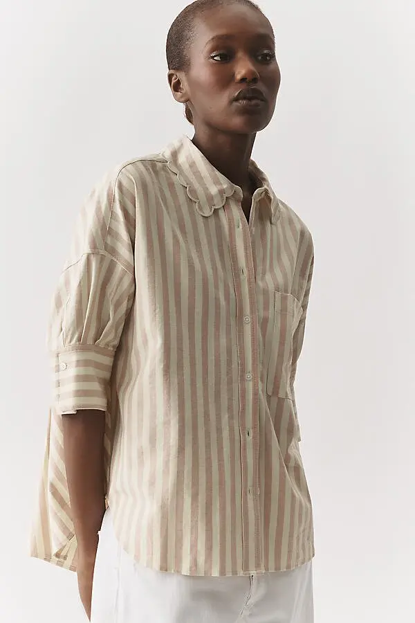Maeve Mabel Boxy Scalloped Shirt Top - Neutral
