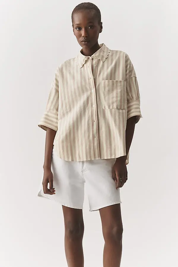Maeve Mabel Boxy Scalloped Shirt Top - Neutral