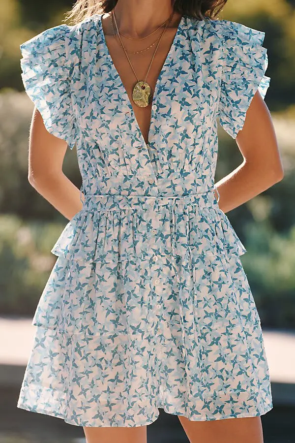 RO'S GARDEN Hunan Flutter Sleeve Mini Dress