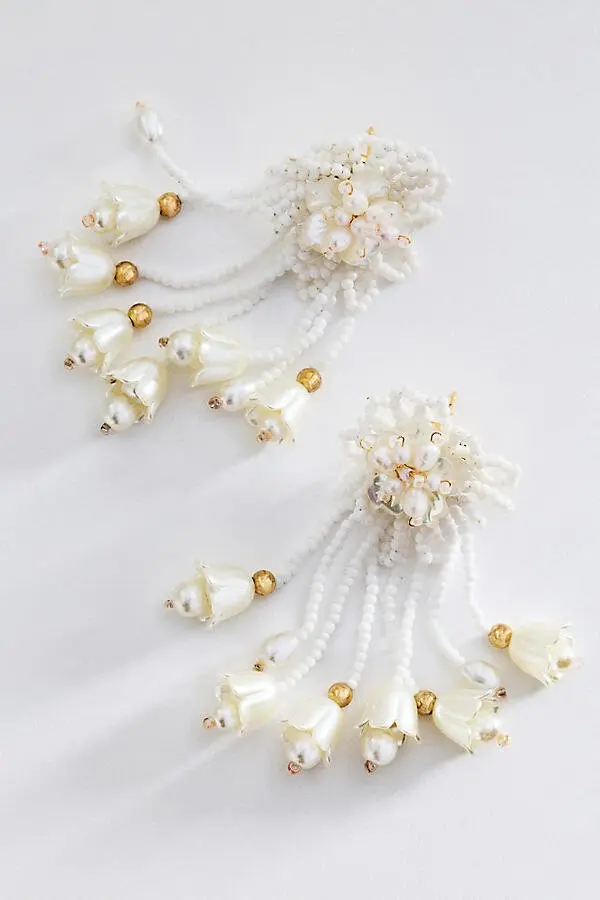 Anthropologie Beaded Floral Fringe Drop Earrings - Pearl