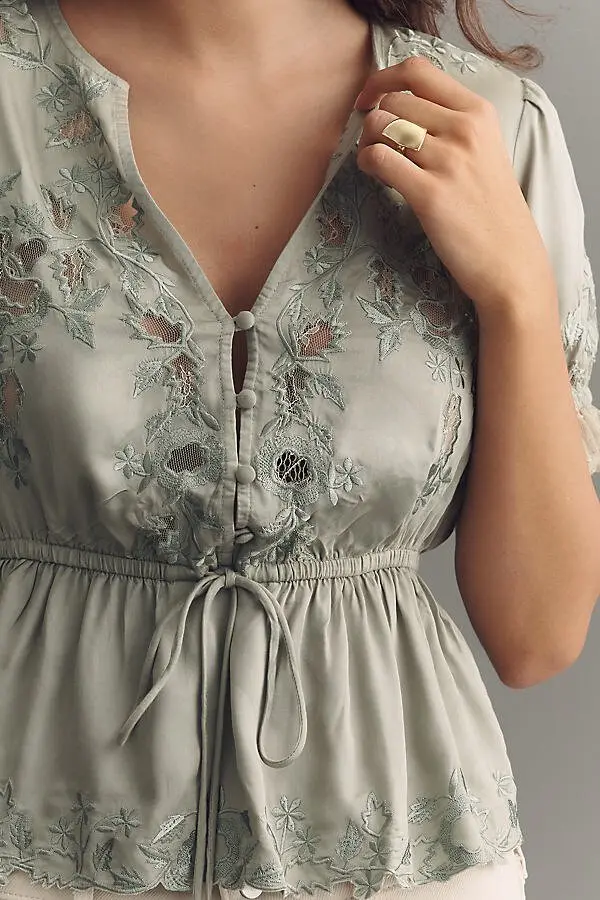 Anthropologie Embroidered V-neck Peplum Blouse