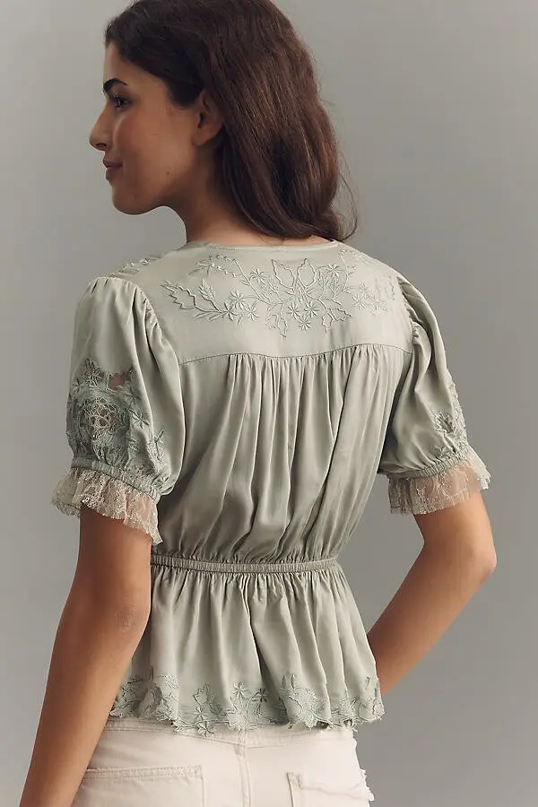 Anthropologie Embroidered V-neck Peplum Blouse