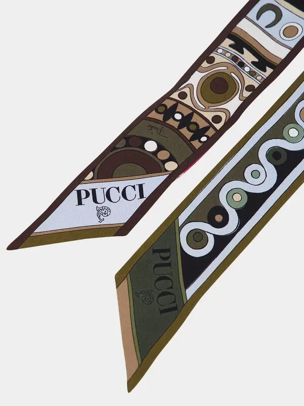 Emilio Pucci Khaki And Blue Mixed Print Silk Twill Bandeau Scarf