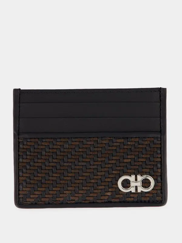 FERRAGAMO And Black Woven Leather Card Holder - Brown