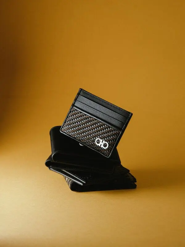 FERRAGAMO And Black Woven Leather Card Holder - Brown