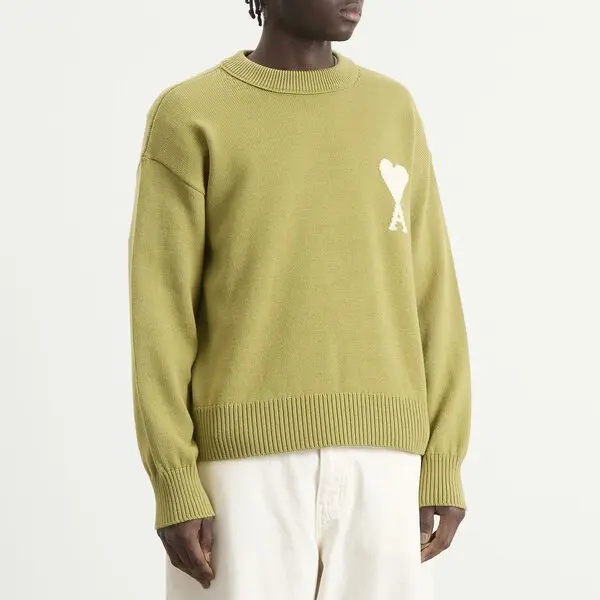 AMI Paris Crewneck Sweater With De Coeur - Matcha/ecru