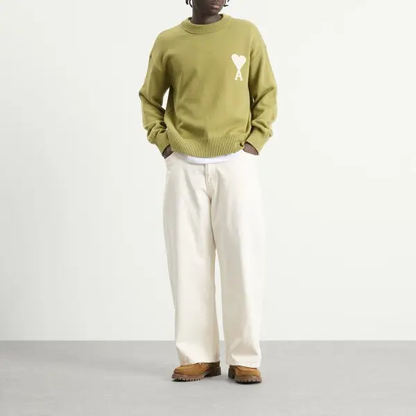 AMI Paris Crewneck Sweater With De Coeur - Matcha/ecru