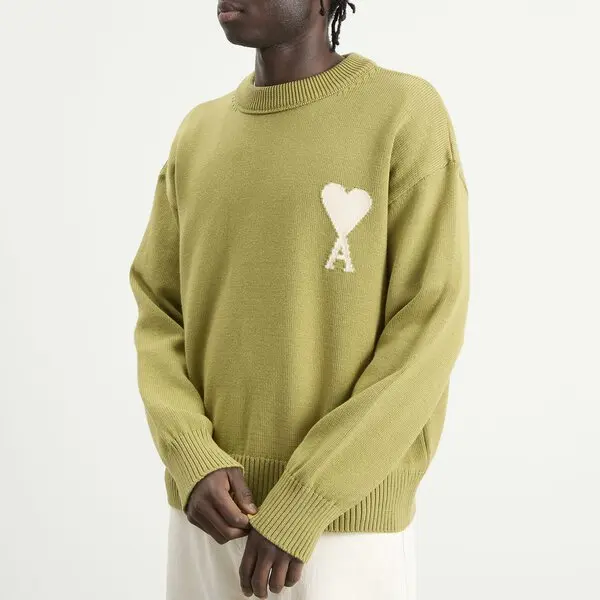 AMI Paris Crewneck Sweater With De Coeur - Matcha/ecru