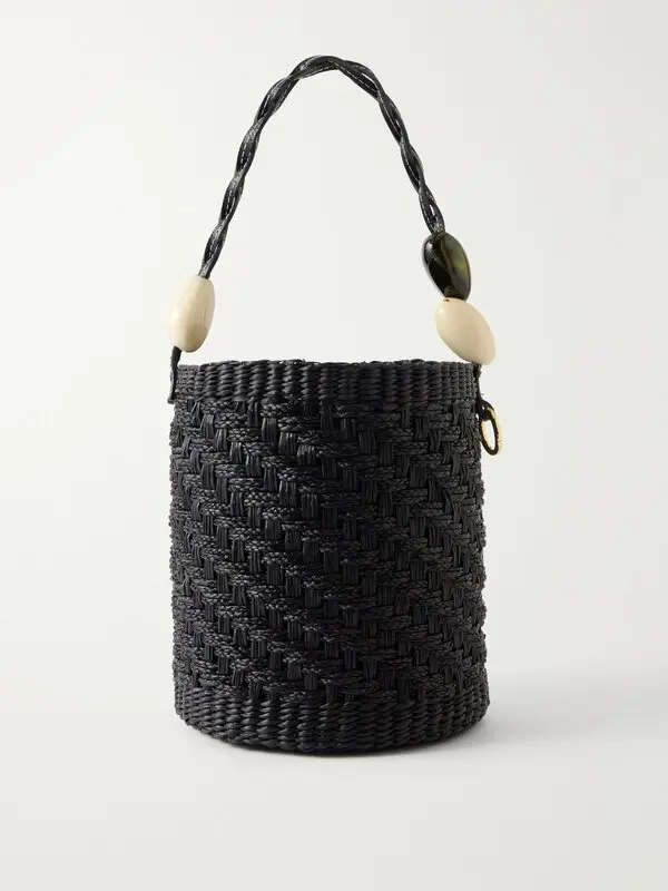 SENSI STUDIO Embellished Leather-trimmed Straw Bucket Bag - Black