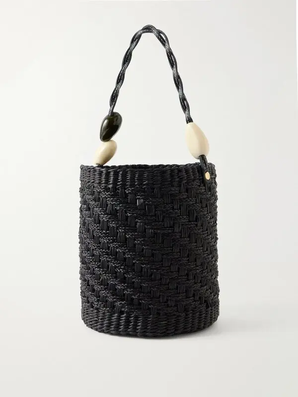 SENSI STUDIO Embellished Leather-trimmed Straw Bucket Bag