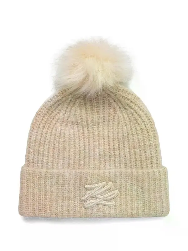 Karl Lagerfeld Pompom Embroidered Beanie Hat - Neutrals