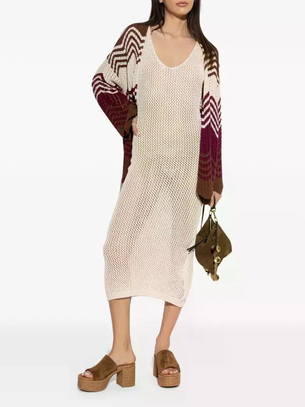 AKEP V-neck Crochet-knit Midi Dress - Neutrals