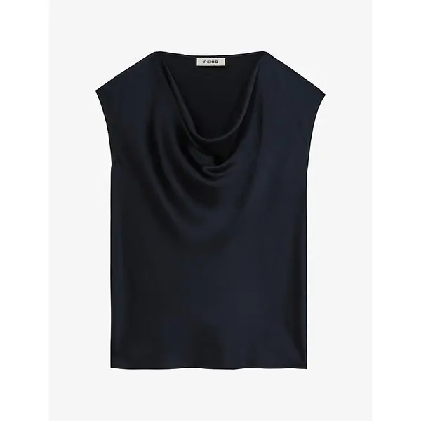 REISS Cate Cowl-neck Sleeveless Silk Top - Navy