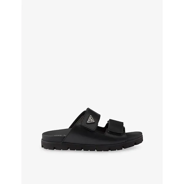 Prada Enamelled-logo Leather Slides