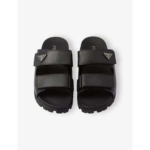 Prada Enamelled-logo Leather Slides