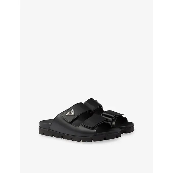 Prada Enamelled-logo Leather Slides