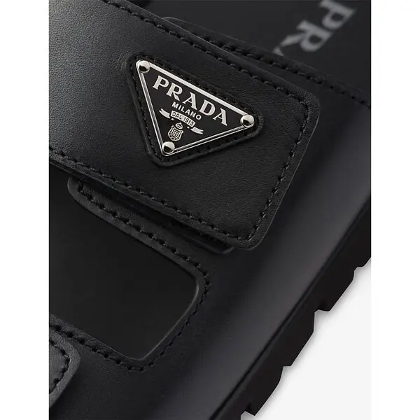 Prada Enamelled-logo Leather Slides